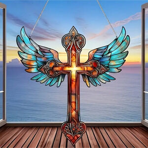 Unbranded | Other | Cross With Wings Suncatcherstained Glass Look 2d ...